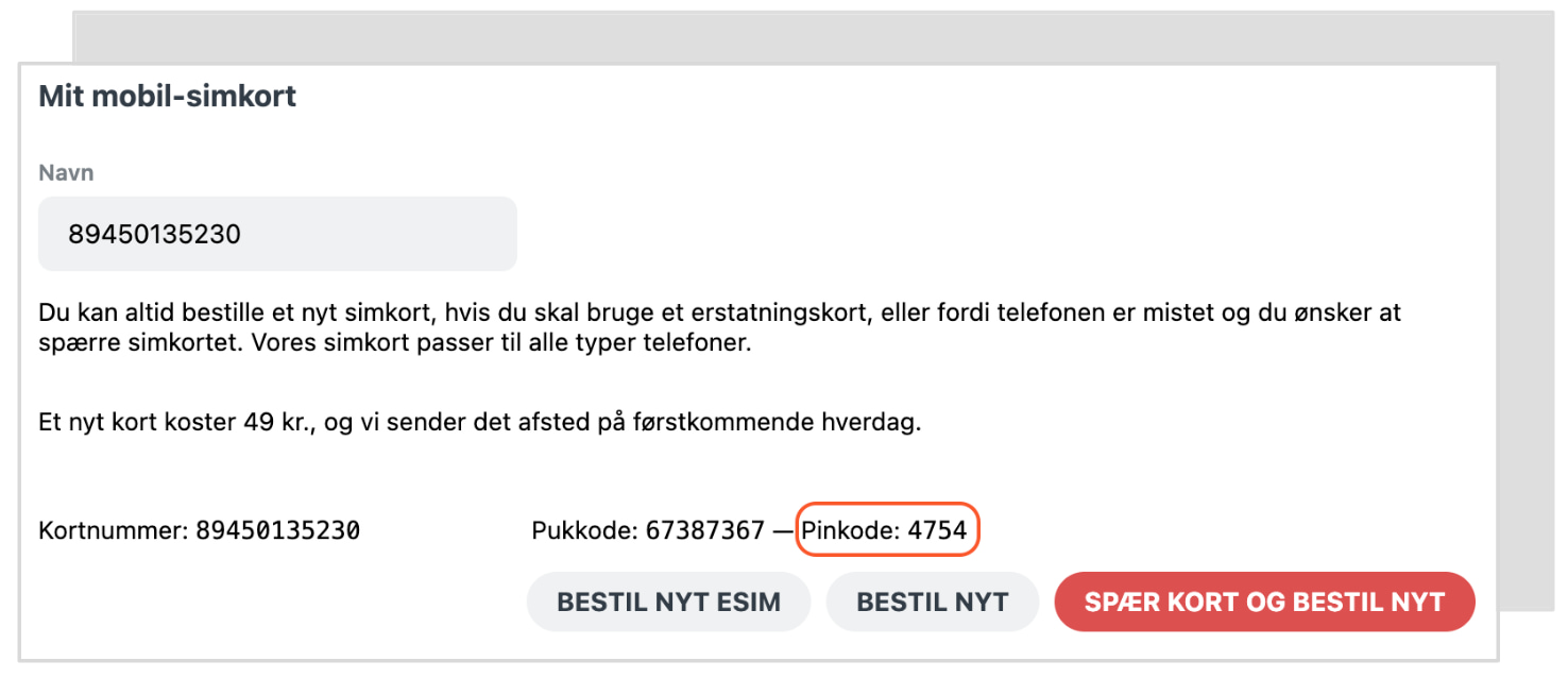 Find pin- og pukkode samt simkortnummer
